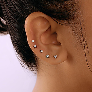 Designfy 14K White Gold Threadless Earring Top Push in Triple Clear CZ Flat Back Nose Stud Threadless Cartilage Earring Helix Stud Tragus Piercing Jewelry for Women Men 6mm