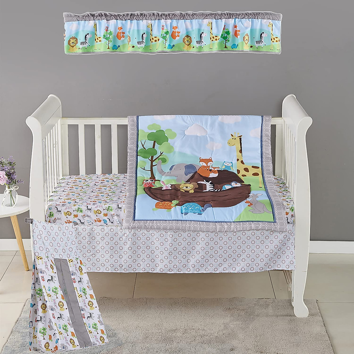 5 PCs Noah's Ark Nursery Crib Bedding Set Blue Grey Animal Theme Baby Crib Bedding Set Quilt + Skirt + Fitted Sheet + Diaper Storage Bag + Window Valance