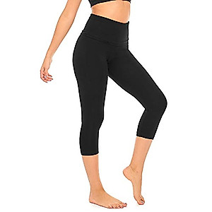 DEAR SPARKLE Fold Over Yoga Pants for Women Cotton Leggings Foldover High Waist Leggings Capri Plus Size (C7 F) (Black, Medium)