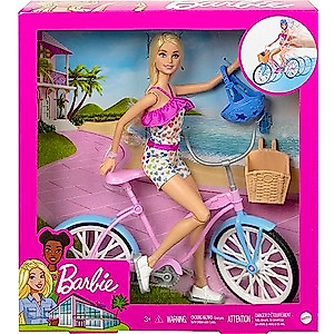 Barbie Doll & Bike Set with Accessories, Blonde in Rainbow Romper with Pink & Blue Bicycle, Helmet, Basket & Water Bottle