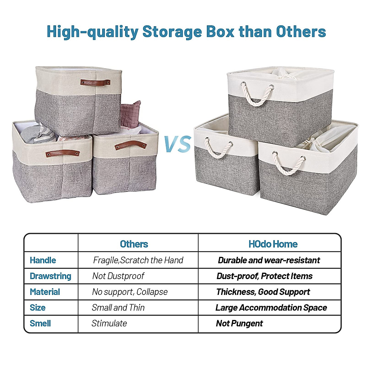 HOdo Home Fabric Storage Bin with Drawstring Closure and 2 Bold Handles, Collapsible Large Canvas Storage Baskets for Organizing Shelf Nursery Home Closet (White&Grey, 15.8L×11.8W×9.5H - 3Pack)