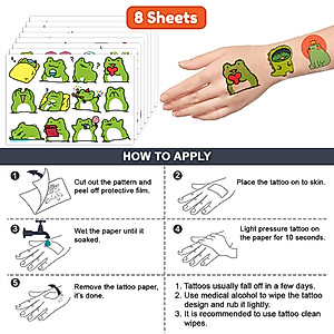 Frog Temporary Tattoos Birthday Themed Party Supplies Decorations Favors Cute Stickers Tattoo 8 Sheets 96 PCS Gifts for Kids Girls Boys Decor Class School Reward Carnival Christmas
