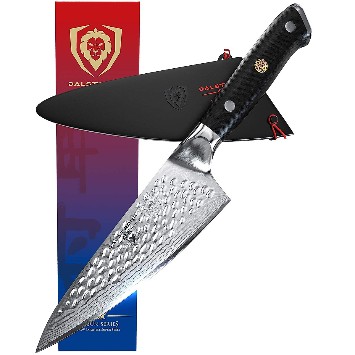 Dalstrong Chef Knife - 6 inch Blade - Shogun Series ELITE - Damascus - Japanese AUS-10V Super Steel - G10 Black Handle - Razor Sharp Kitchen Knife - Hammered Finish Chef's Knife - Sheath