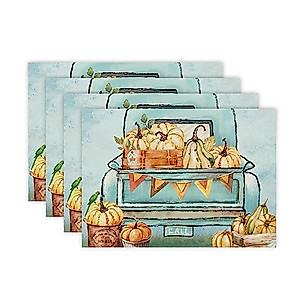 Fall Placemats Set of 4 Thanksgiving Placemats 12x18 Inch Autumn Harvest Pumpkins Placemats Farmhouse SkyBlue Watercolor Truck Leaves Table Mats Fall Decor for Home Party