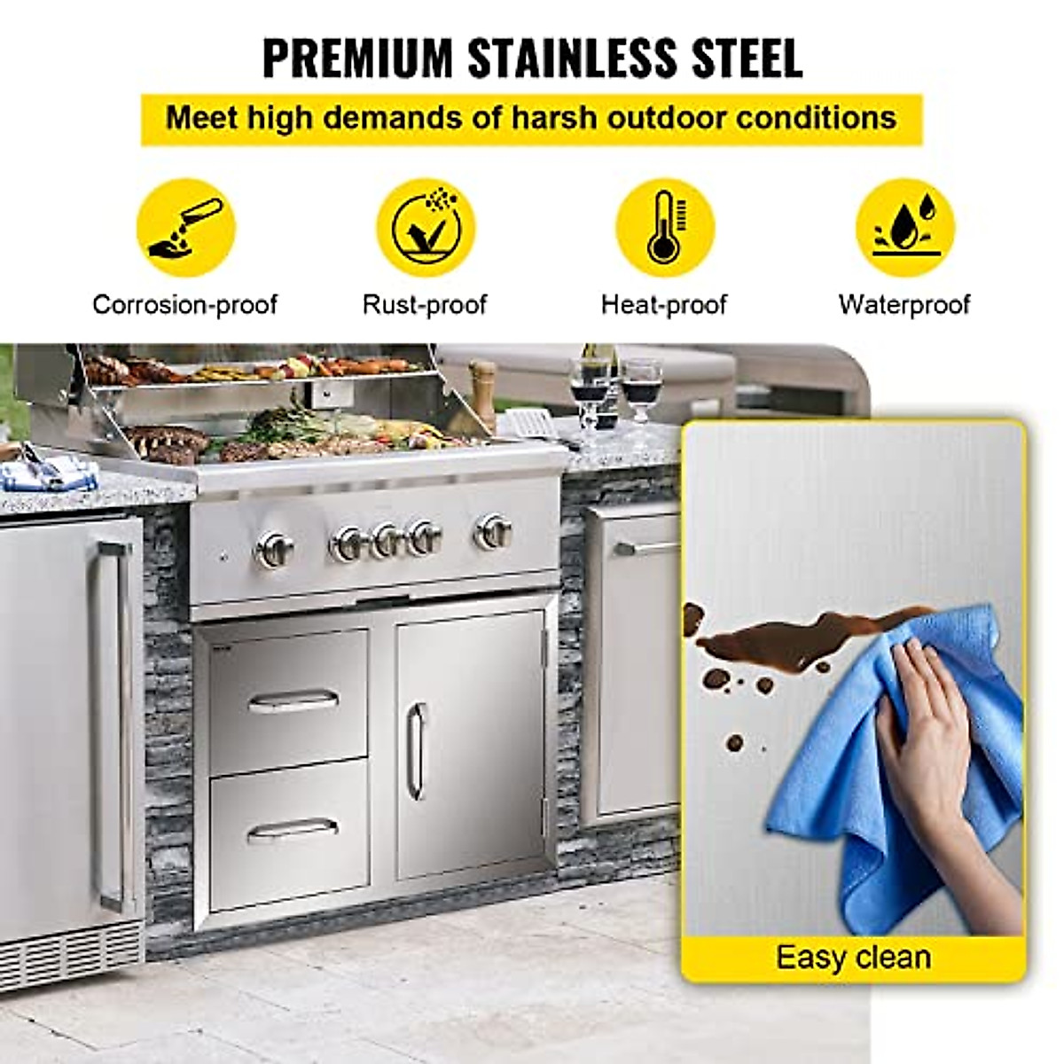 VBENLEM Outdoor Kitchen Drawers Combo 32.5x21.6 Inch Stainless Steel Access Door/Double Drawers with Paper Towel Rack for Outdoor BBQ Island & Kitchen