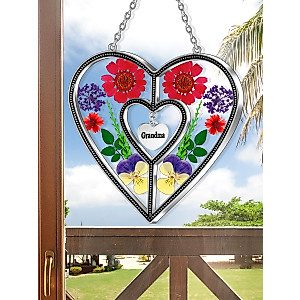 KY&BOSAM Heart Suncatchers Grandma Gift Ornament Stained Glass Sun Catcher Garden hangings Windows with Pressed Flower Heart Embedded in Glass Gifts for Grandma Mother`s Day Birthday Gifts