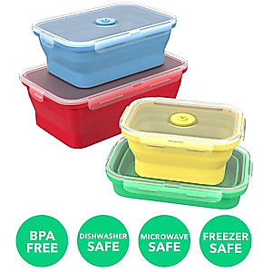 Vremi Silicone Food Storage Containers with BPA Free Airtight Plastic Lids - Set of 4 Small and Large Collapsible Meal Prep Container for Kitchen Lunch Boxes - Microwave and Freezer Safe