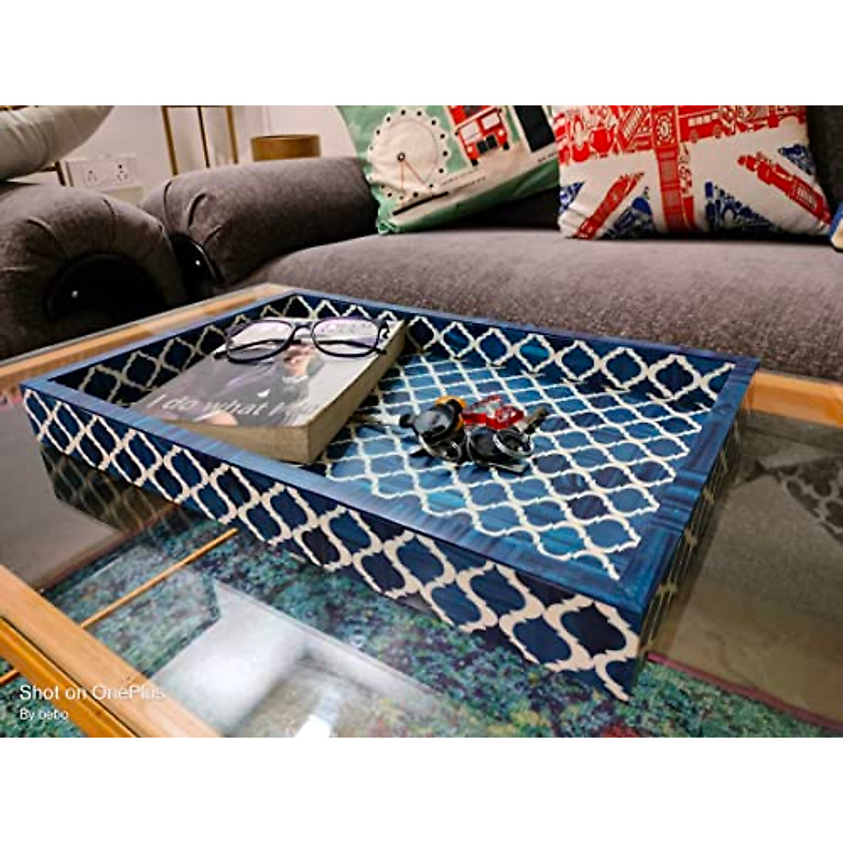 Collectibles Buy Bone Moorish Moroccan Inlay Tray Handmade Damask Blue & White All Purpose Serving Tray Designer Royal Trays Home Decorative … (Blue)