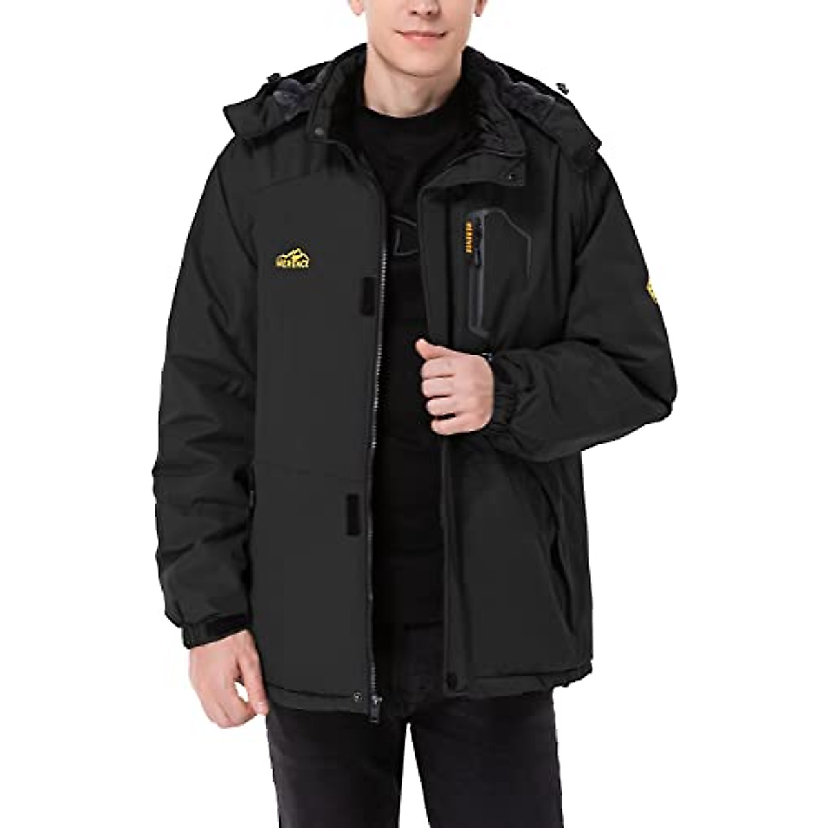 EQUICK Men's Waterproof Ski Jacket Fleece Windproof Mountain Winter Snow Jacket Warm Outdoor Sports Rain Coat with Hooded U220WCFY028,Black,L