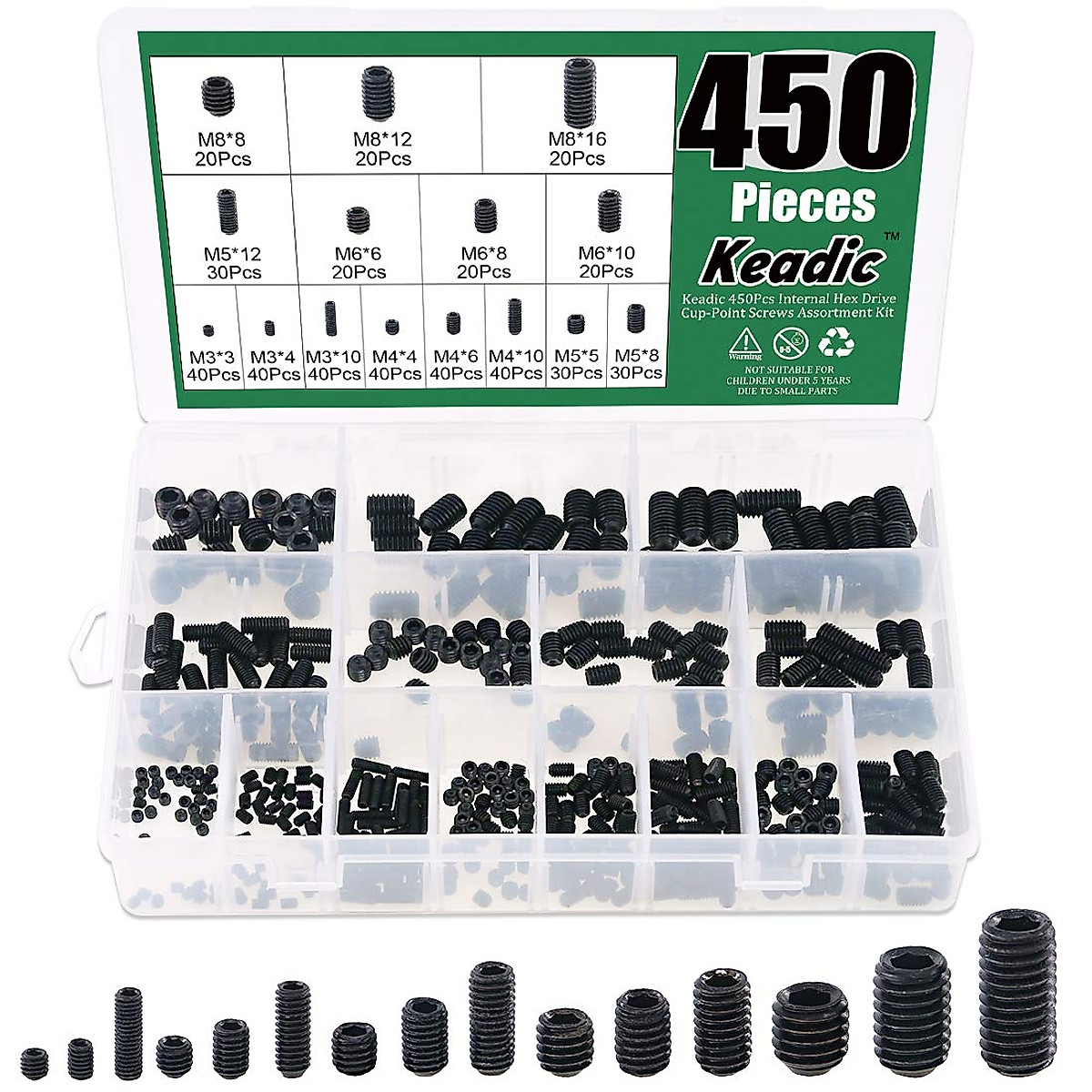 Keadic 450Pcs Internal Hex Drive Cup-Point Screws Assortment Kit, 15 Sizes Alloy Steel Hex Socket Set Cap Point Grub Screws, Socket Head Cap Screws Grub Screws, Metric, Black (M3 M4 M5 M6 M8)