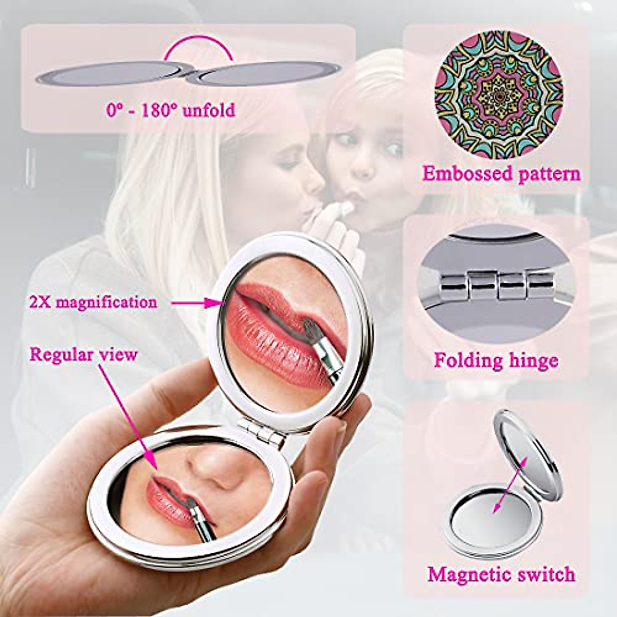 Beaufy Magnifying Compact Mirror Folding Portable,Round Small Handheld Travel Makeup Purse Mirror Pocket Mirror with 1x/2x Magnification Dual Sided - Gift for Women Girls Lady Men - 6 Pack