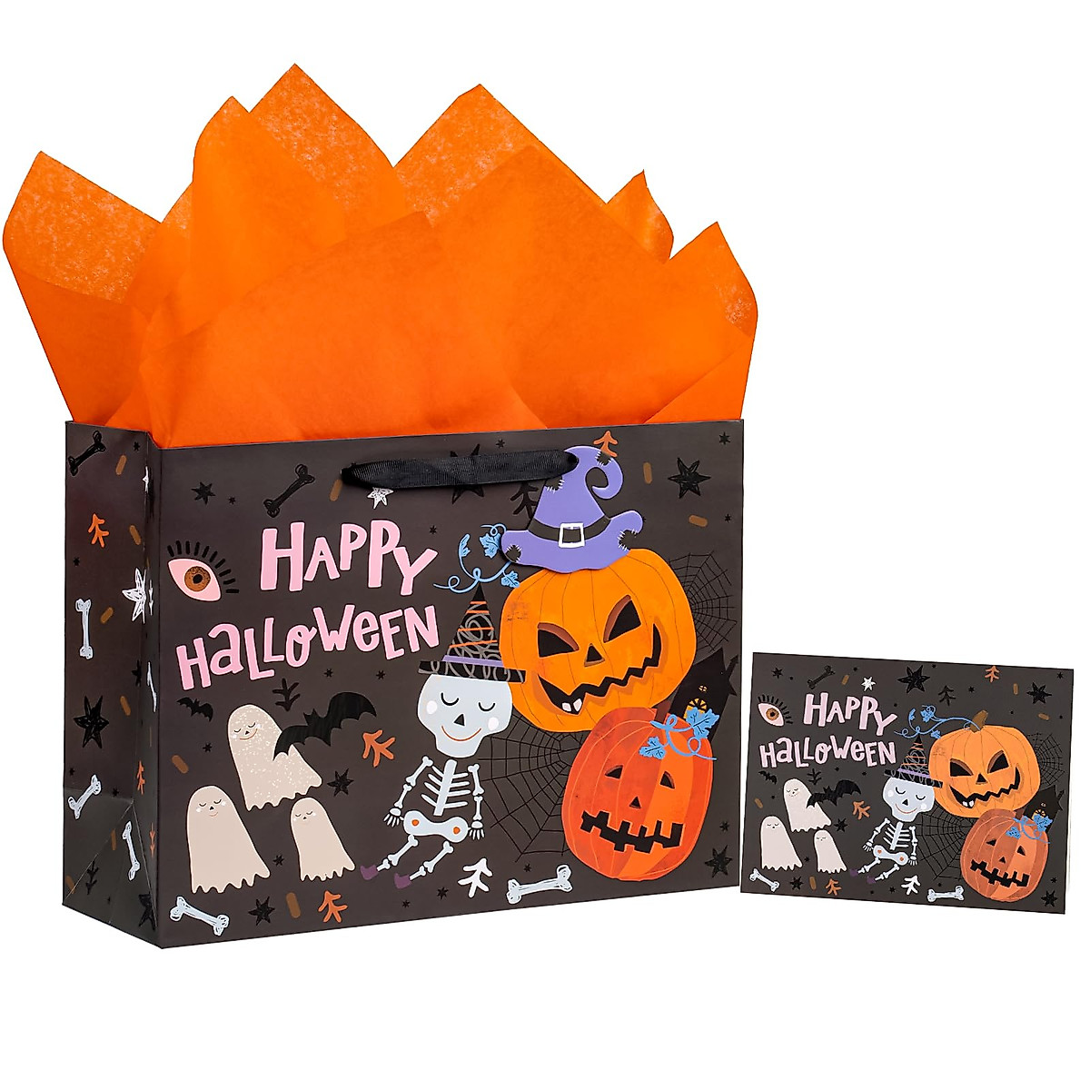 WRAPAHOLIC 13" Halloween Large Gift Bag with Card and Tissue Paper - Classic Halloween Theme Design and Happy Halloween Lettering