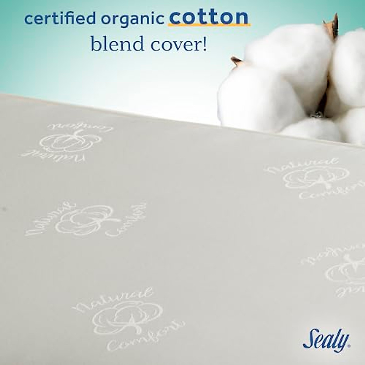 Sealy Baby Cotton Bliss Breathable 2 Stage Waterproof Crib Mattress plus Toddler Bed Fit, 204 Extra Firm Coils, Organic Cover, GREENGUARD Gold Certified, Safety & Quality Tested, Made in USA, 52'X28'