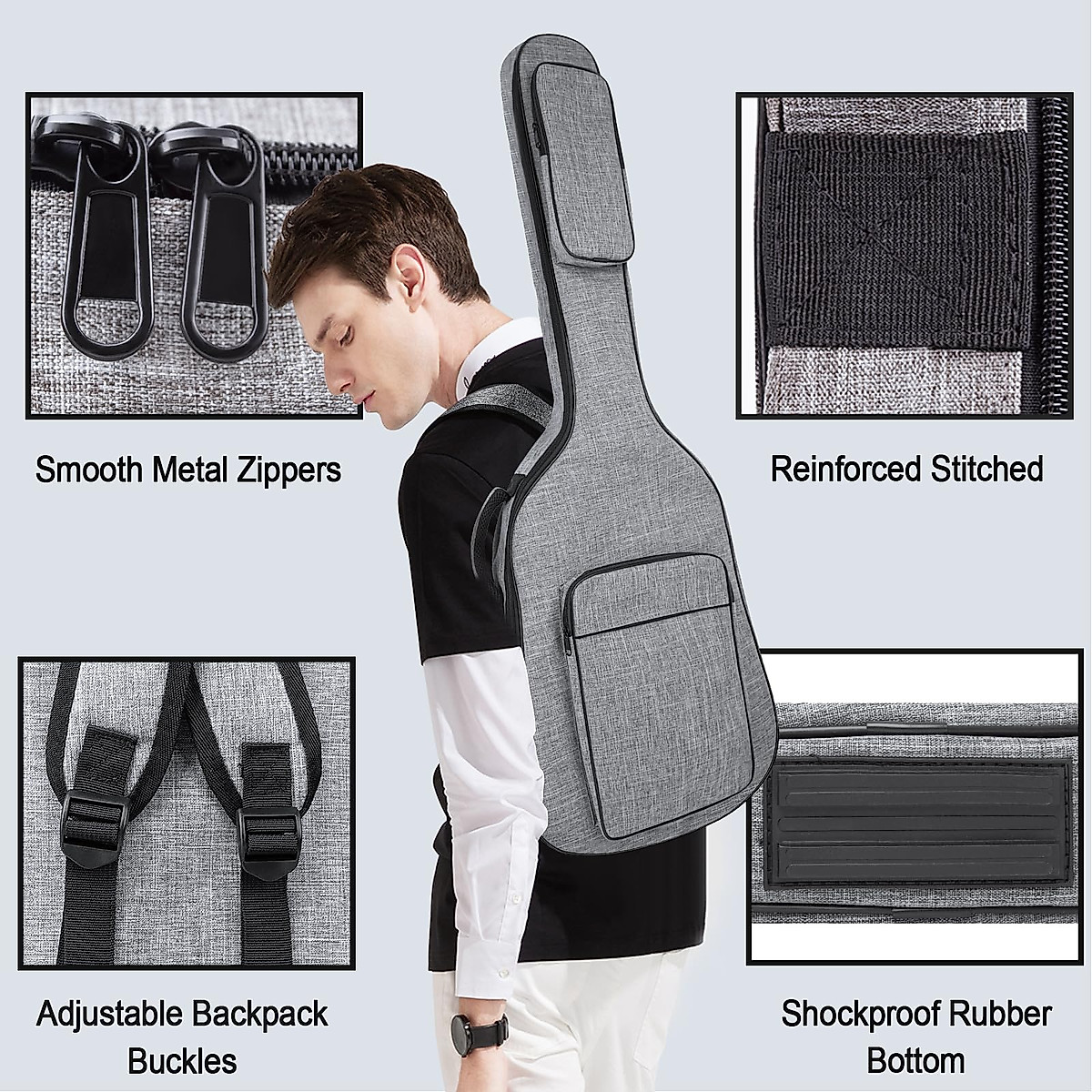 MUZTOP Bass Guitar Bag, 7MM Padding Bass Guitar Gig Bag Padded Soft Electric Bass Guitar Case Backpack with Pockets, Grey