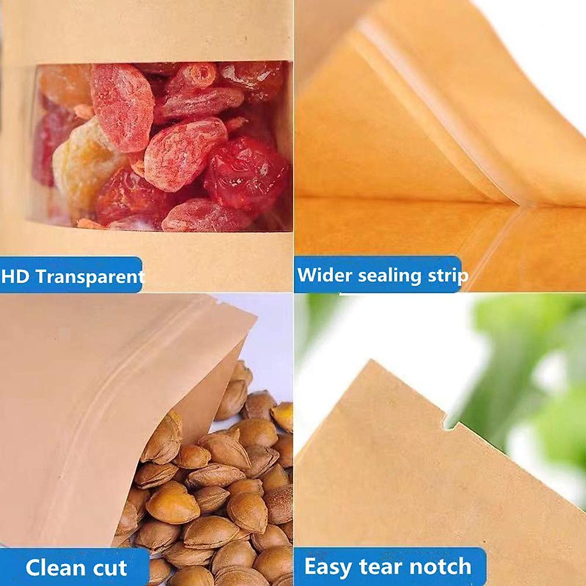 Kraft Heat Sealable Stand Up food Pouches Paper Mylar Bags With Window And Zip Lock,Heavy Duty Decorative Resealable Recycled For DIY Homemade Chips Favor Candy Cookies Christmas (50pcs 7x10+4inch)