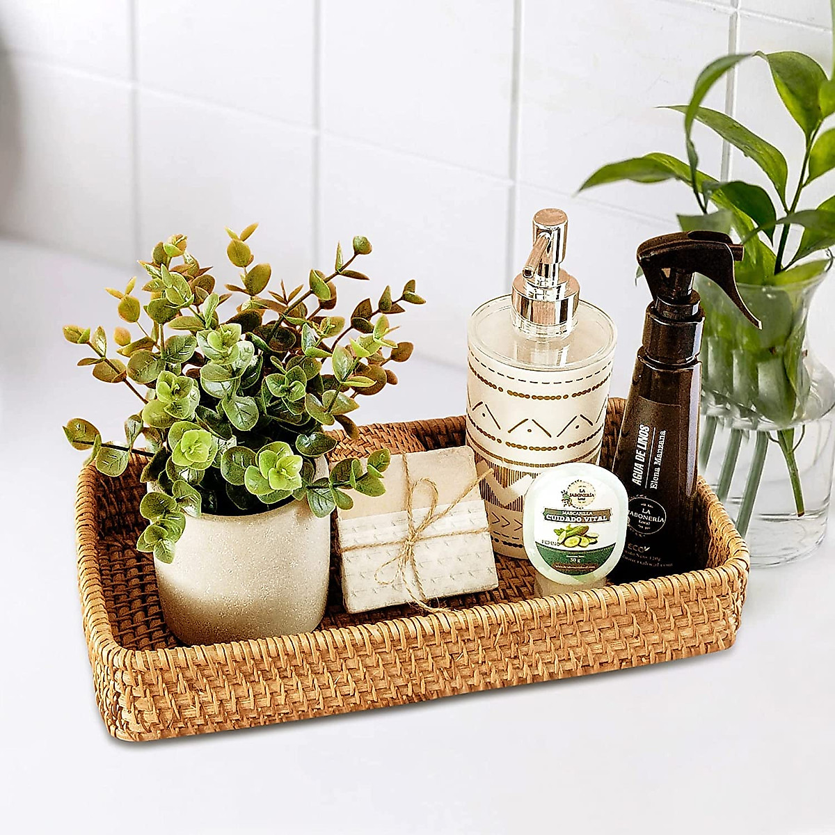 Real Handwoven Rattan Tray with Handmade Wooden Beads Garland, Decorative Tray, Coffee Table Tray or Bathroom Tray, Ottoman Tray Ideal for Home Decoration, Rectangular Serving Tray, Wicker Tray