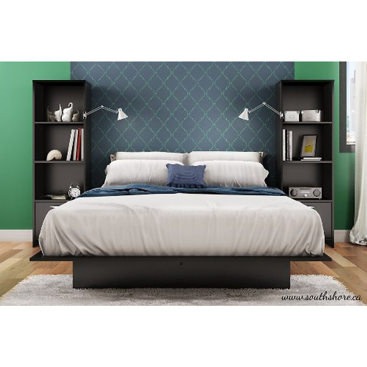 South Shore Narrow 3-Shelf Storage Bookcase with Door, Black, Pure