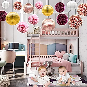 Burgundy Pink Rose Gold Hanging Party Decorations, 15Pcs Tissue Paper Lanterns and Paper Pom Poms Flowers for Graduation Wedding Birthday Bridal Shower