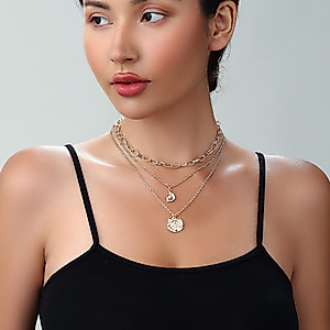 wgoud 9PCS Dainty Gold Multi Layered Pendant Choker Necklaces for Women, 14K Gold Plated Paperclip Chain Necklace Simple Cute Cross Heart Butterfly Pendant Necklace for Women. (StyleD Gold)