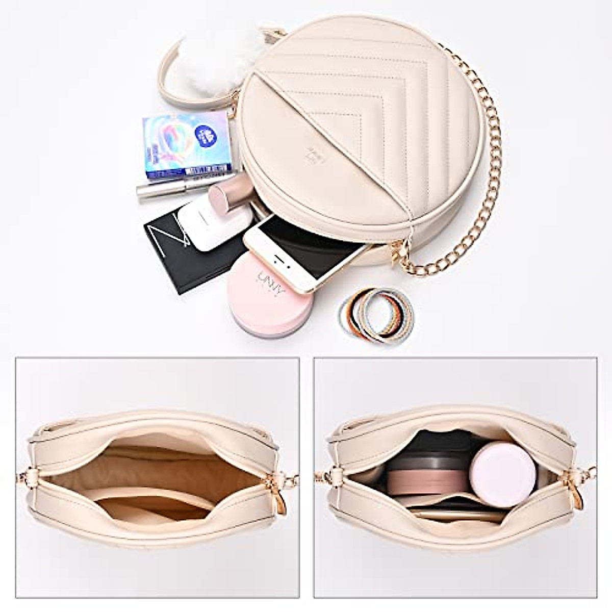 GM LIKKIE Round Crossbody Purse for Women, Circle Quilted Clutch Bag, Small PU Leather Evening Shoulder Handbag (Beige)