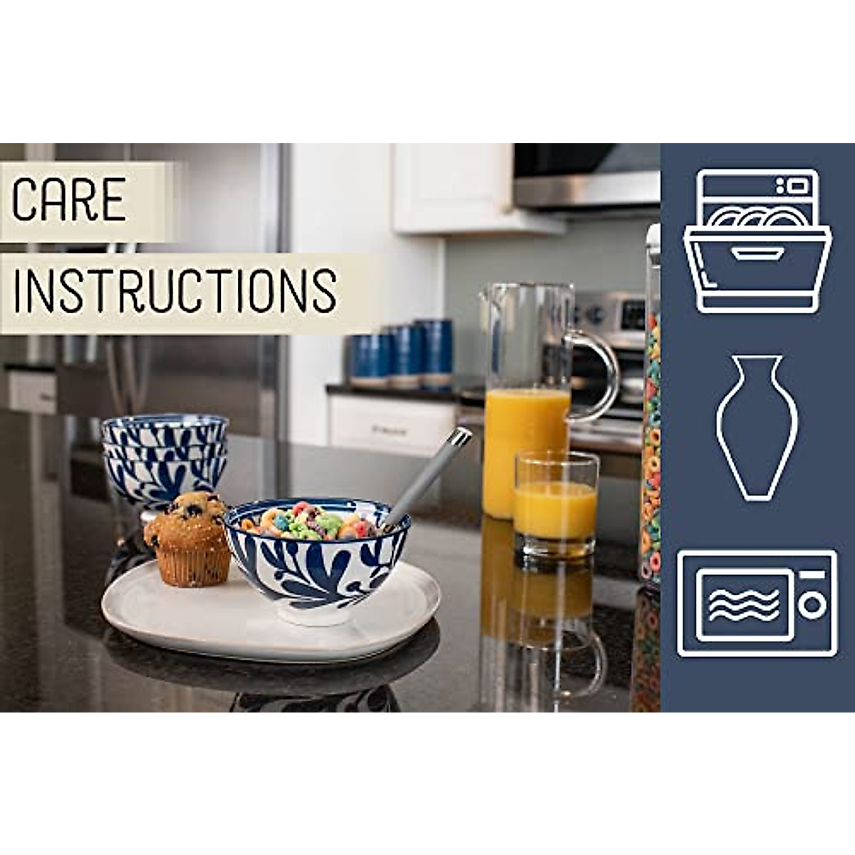 Nat & Jules Leaves White and Blue 18 ounce Ceramic Cereal Ramen Bowls Set of 4