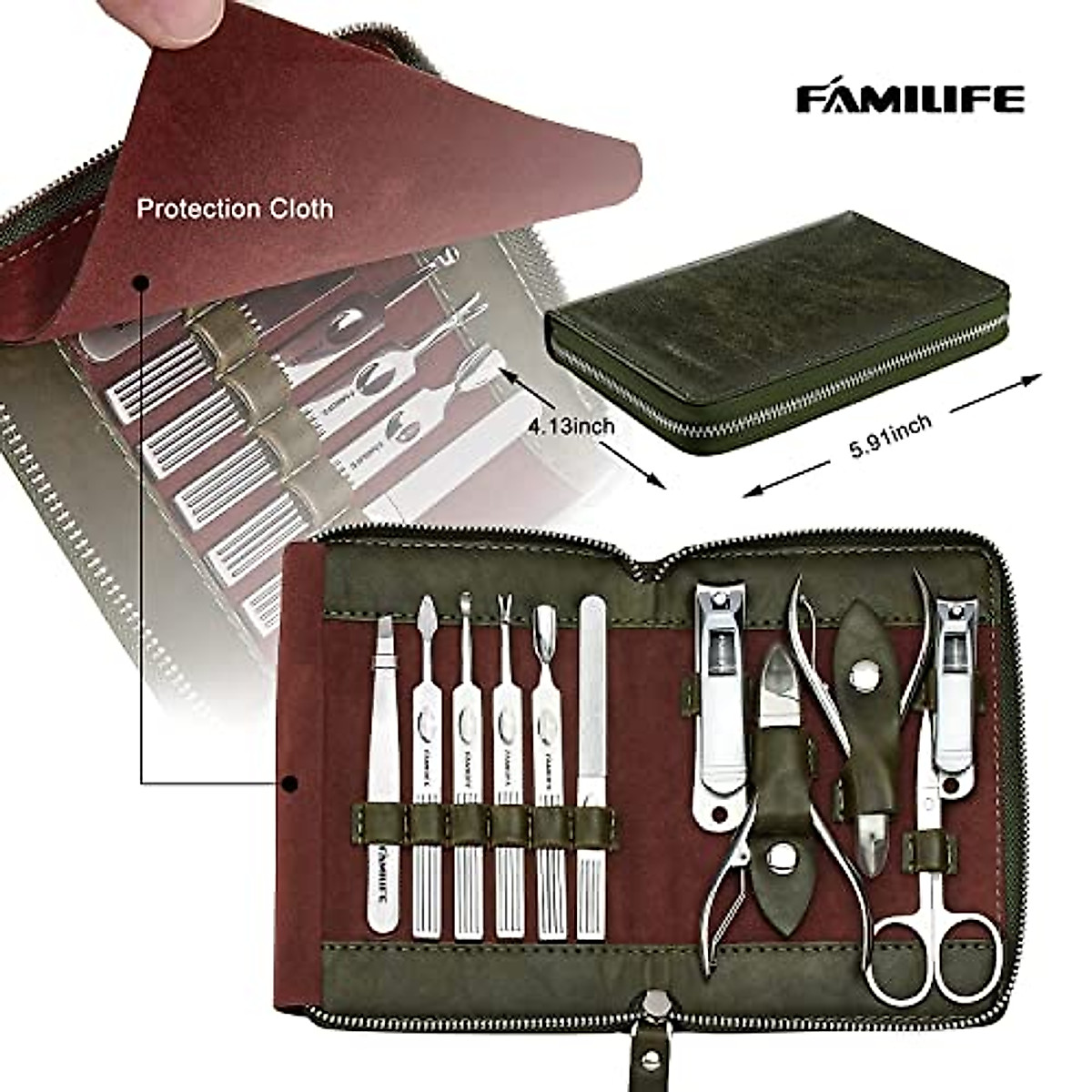 FAMILIFE Manicure Set, Nail Kit 11 in 1 Gifts for Men him Pedicure Kit Stainless Steel Mens Manicure Kit Professional Leather Pedicure Tools Mens Grooming Kit with Dark Green Travel Case Nail Clippers