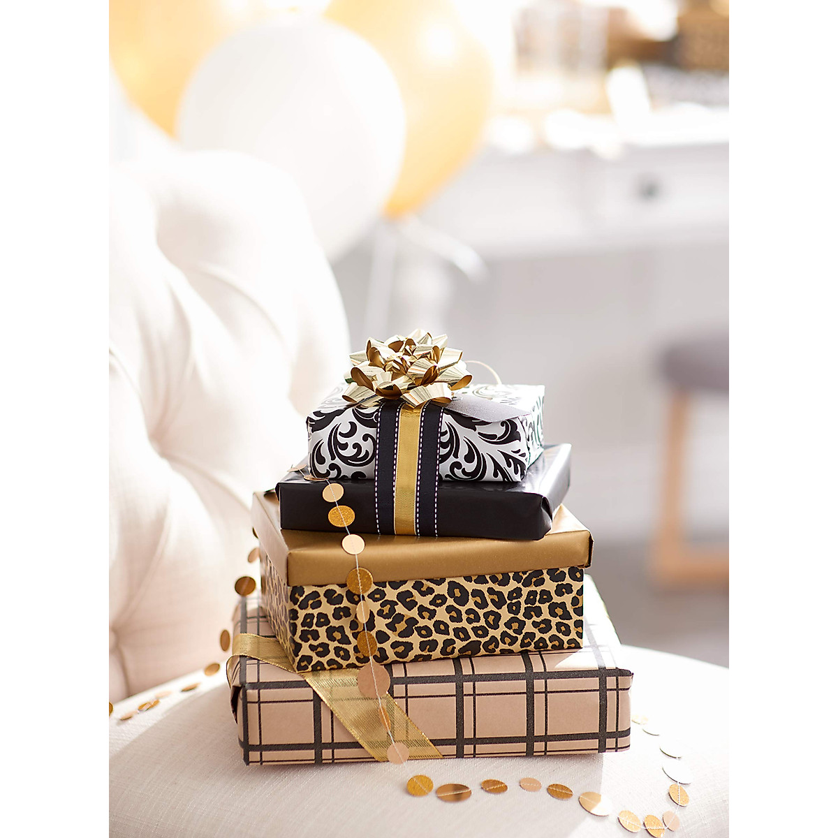 American Greetings Reversible Wrapping Paper Jumbo Roll for Birthdays, Mother's Day, Father's Day, Graduation and All Occasions, Leopard and Gold (1 Roll, 175 sq. ft.)