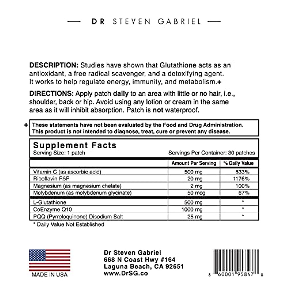 Dr. Steven Gabriel | Glutathione Antioxidant Patch | Brightens Skin | 30 Day Supply