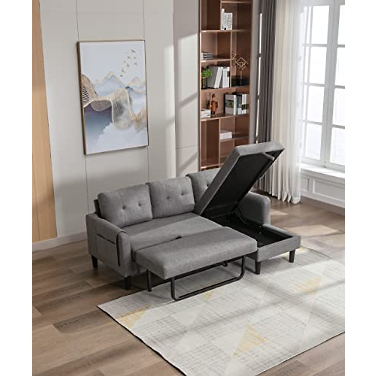 Verfur Convertible Sofa Sleeper Pull Out Bed, 3-Seater L-Shaped Couch with Storage Chaise and Side Pockets, Soft Upholstered Corner Sofa&Couches Sectional, Gray 72.44"