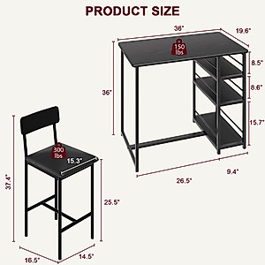 IDEALHOUSE Kitchen Table Set, Dining Table and Chairs for 2, 3 Piece Dining Room Table Set with 2 Upholstered Chairs, Bar Dining Table Set for Small Spaces, Apartment, Breakfast, Pub, Rustic Black