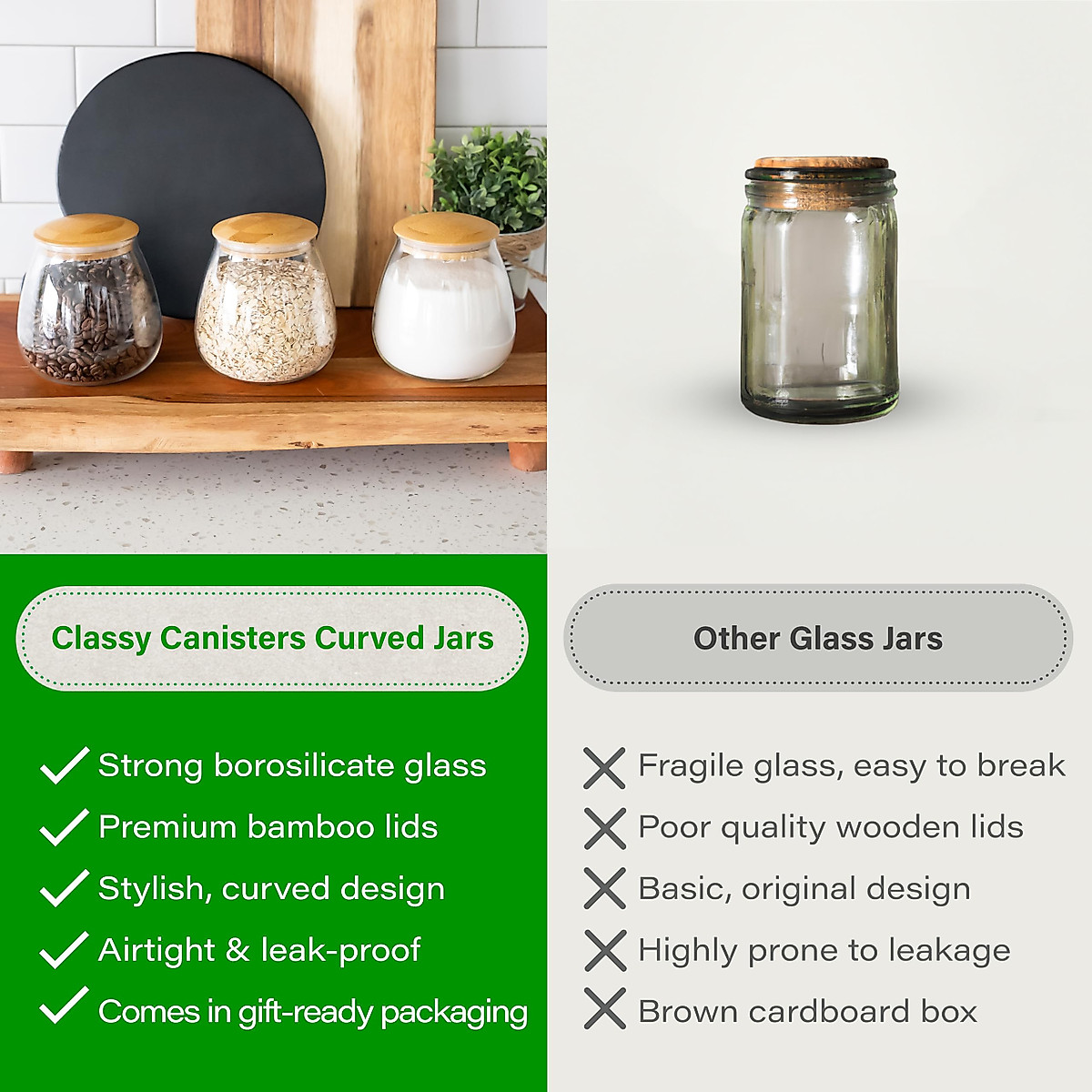 Set of 3 Round Glass Jars With Bamboo Lids - Modern, Glass Storage Containers for Coffee, Sugar, Candy, Rice, Pasta & More - Decorative 29 Ounce Borosilicate Glass Canisters With Airtight Lids