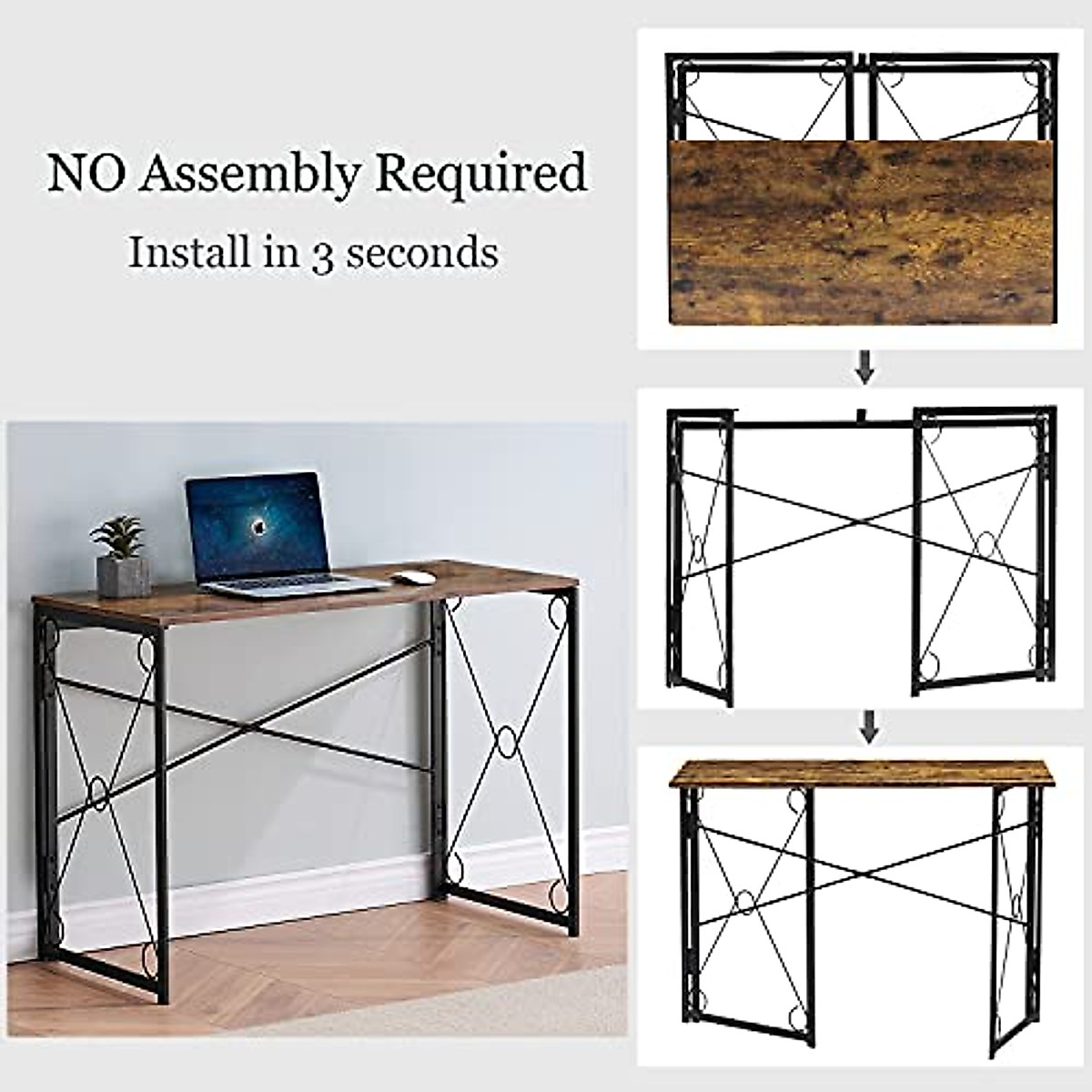 VECELO 39" Writing Computer Folding Desk Sturdy Steel Laptop Table for Home Office Work, No Assembly Required,Antique Brown