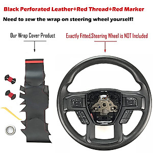 Black Side Perforated Leather Red Marker Steering Wheel Protector Cover Hand-Stitch on Wrap Fit For Ford F-150 F250 King Ranch/Lariat/XL/XLT/Limited/Platinum/Police Responder 2015-2020 (Black Leather)
