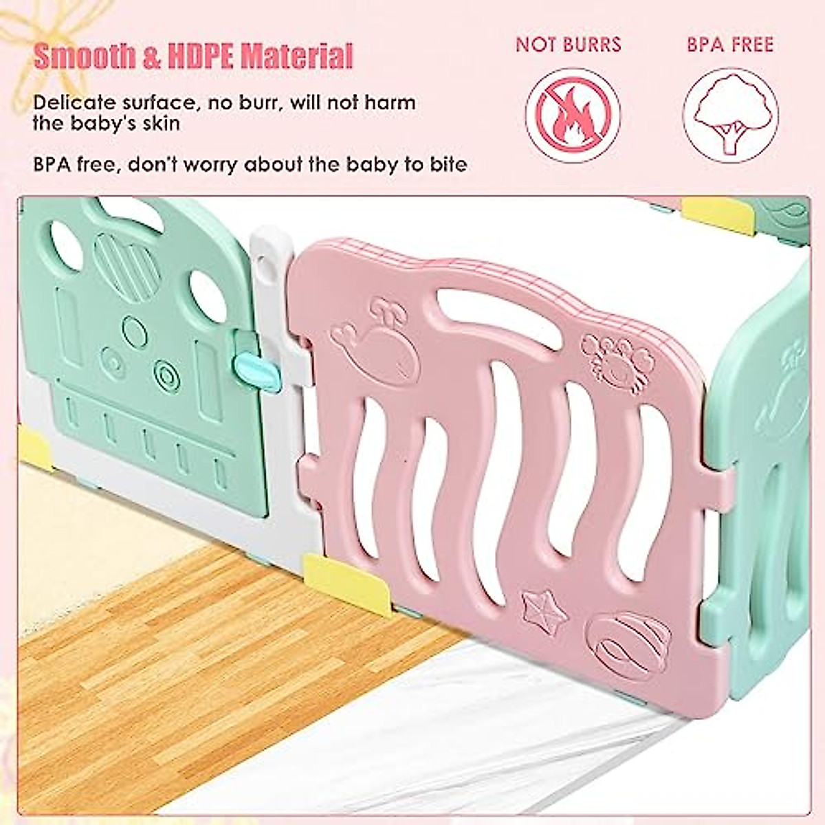 INFANS Baby Playpen, Kids Play Activity Center Yard for Toddlers, 10-Panel Safety Foldable Play Yard with Safety Lock, Adjustable Shape, Game Panel & Gate for Indoors or Outdoors (Green & Pink)