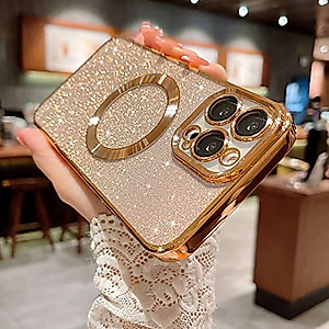 MGQILING Compatible with iPhone 13 Pro Max Magnetic Glitter Case, Luxury Plating Cute Bling Clear Phone Case, Compatible with MagSafe for Women Girls with Camera Protector Back Cover - Gold