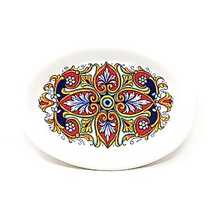 Nova Deruta Small Oval Serving Dish Plate, Red Hearts Floral and Spirals, Made in Italy, Italian Exclusively Handcrafted Earthenware for Sur La Table, Deruta Region Artwork, Tray 9.5" x 6.75"