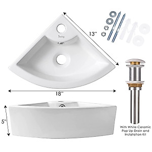 Davivy 18" x 13" Corner Bathroom Sink with Pop Up Drain and Installation Kit,Wall Mount Corner Sink,Ceramic Vessel Sink,Small Corner Sink,White Vessel Sink,Small Vessel Sink for Bathrooms