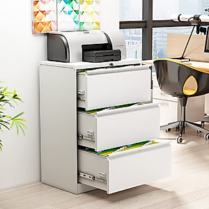 Aobabo 3 Drawer Lateral Steel File Organizing Cabinet with Locking System and Adjustable Hanging Bars for Letter/Legal Size Paper, White