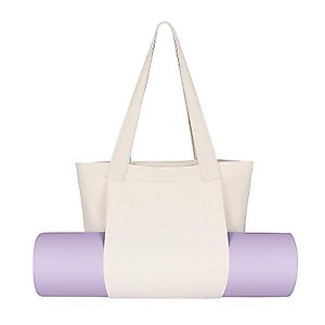 cycleacc Yoga Mat Bag, Gym Tote Bag for Women with Large Mat Carrier Pocket, Canvas Tote Bag for Workout, Pilates, Travel, Beach, Office (White)