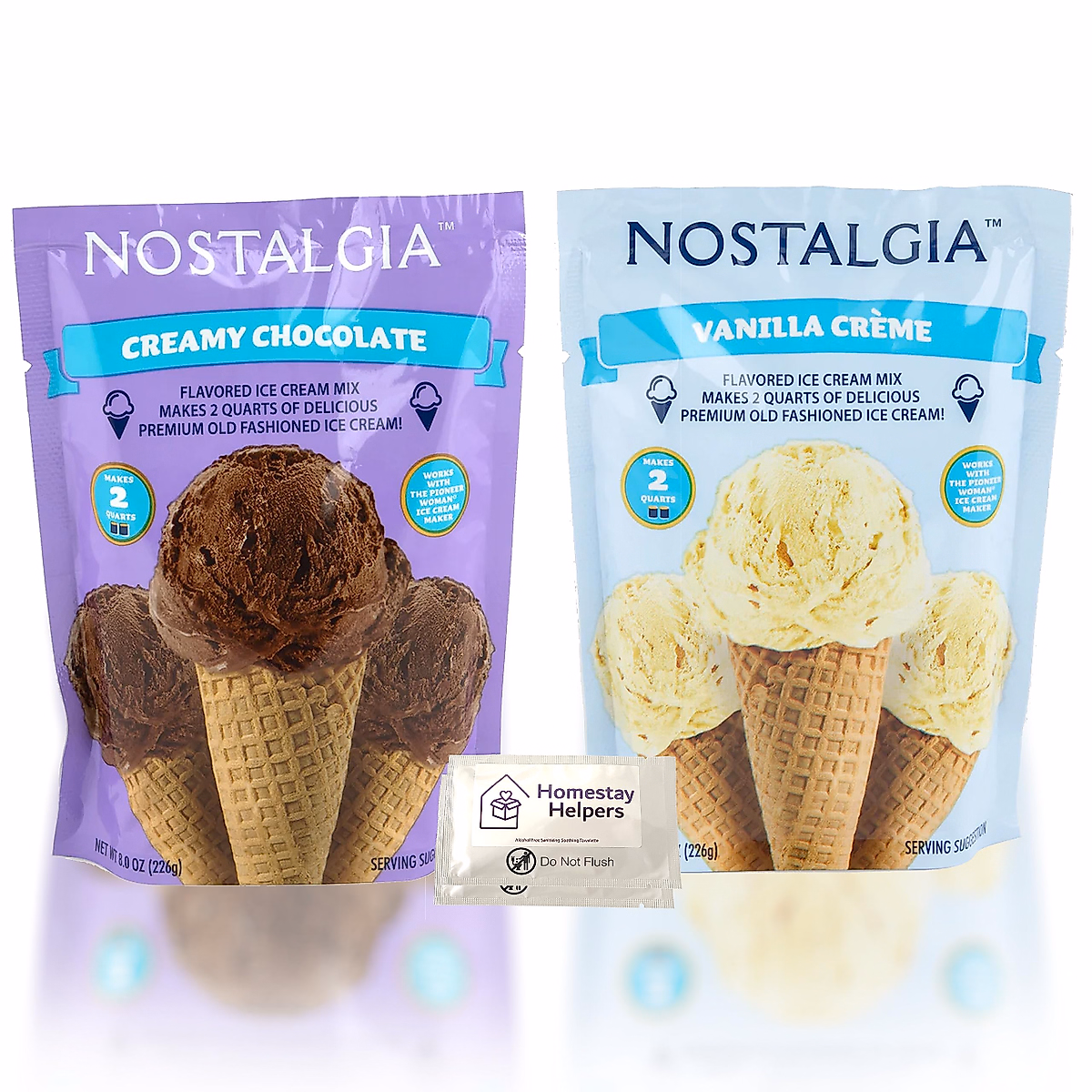 Nostalgia Ice Cream Mix, Flavors Vanilla and Chocolate, 2 Pack of 8 ounce Delicious Premium Old Fashioned Ice Cream Mix Bundle with 2 Homestay Helpers Wipes