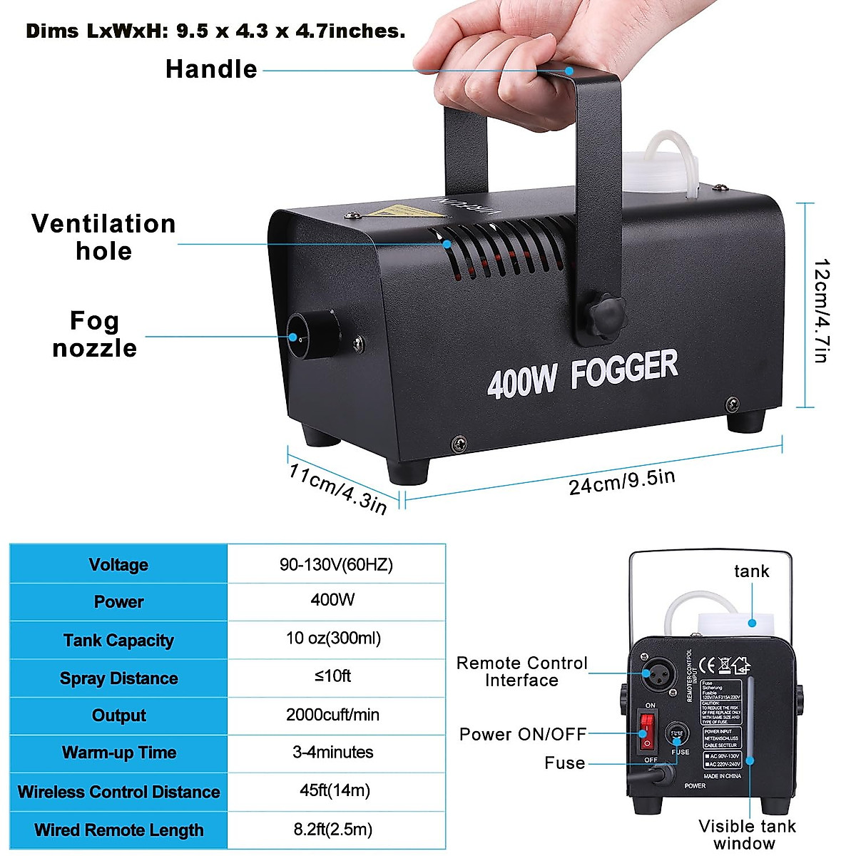 VIRFUN Fog Machine, Smoke Machine with Wireless&Wired Remote Control for Parties Halloween Wedding and Stage Effect, 400W
