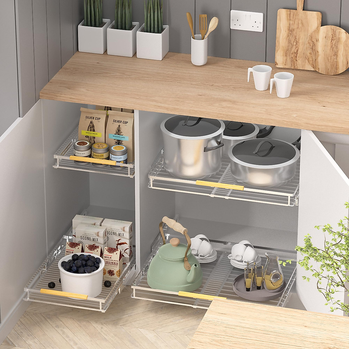 Expendable Pull Out Cabinet Organizer Slide Out Kitchen Organisation Shelf Heavy Duty Stainless Steel Gliding Cupboard Shelf Rack for Cabinet Pantry Closet Under Sink Divider, Chrome, 2Packs