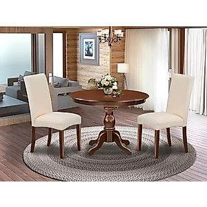 East West Furniture HBDR3-MAH-01 3 Piece Dining Room Furniture Set Contains a Round Dining Table with Pedestal and 2 Cream Linen Fabric Upholstered Parson Chairs, 42x42 Inch, Mahogany