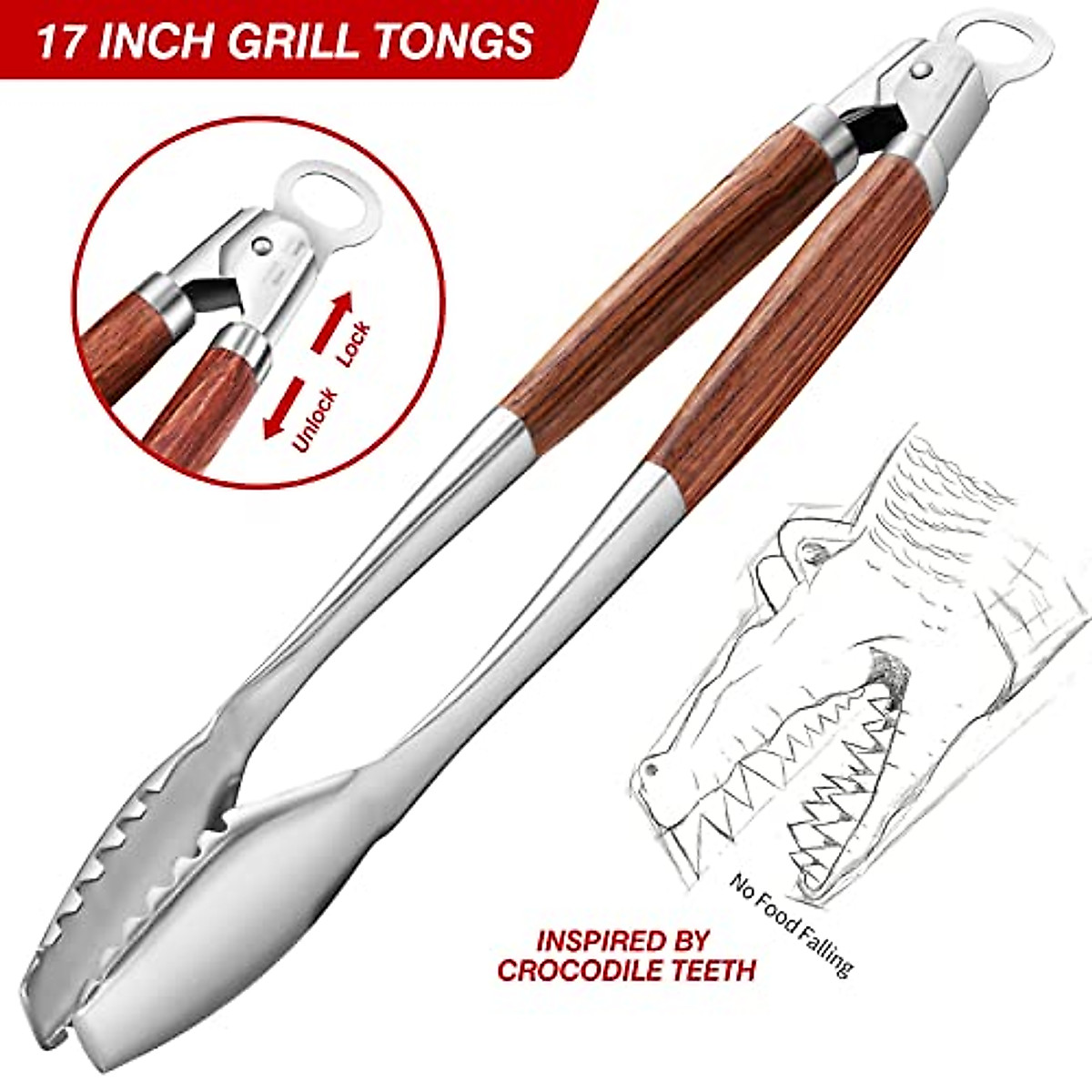 BBQ Grill Tools Set Accessories,Rose Wooden 17'' Heavy Duty Essential Grilling Barbecue utensils with Super Thick Stainless Steel Spatula,Clean Brush,Tongs,Knife for Outdoor grill. Grill Gifts for Men