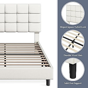 Yaheetech Full Upholstered Bed Frame, Platform Bed Frame with Square Tufted Fabric Headboard Height Adjustable, Wooden Slats Support, No Box Spring Needed, Beige
