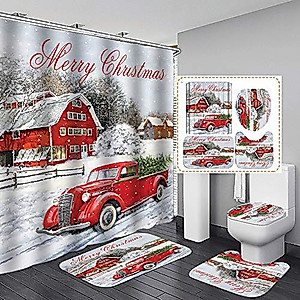 Forart Christmas Shower Curtain Set Vintage Red Truck Cloth Shower Curtains in Bath Red Retro Truck Car Bathroom Decor Xmas New Year Bathroom Accessories Set for Christmas Decoration