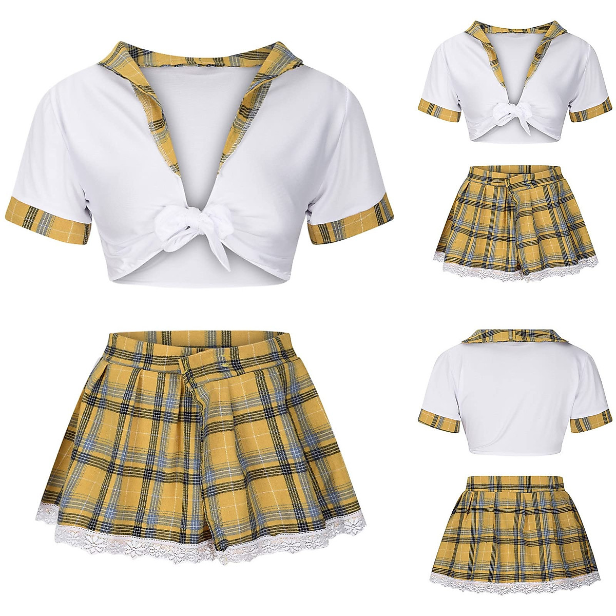 Zzalalana Sexy Cosplay Lingerie for Women Sex Naughty Kawaii Maid School Girl Cat Girl Bunny Roleplay Outfit Sheer Mesh Sluttly Babydoll Bodysuit Christmas Bow Santa Lingerie 259 Yellow