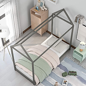 House Twin Bed Frame Wooden Platform Bed for Kids,No Box Spring Needed, Gray