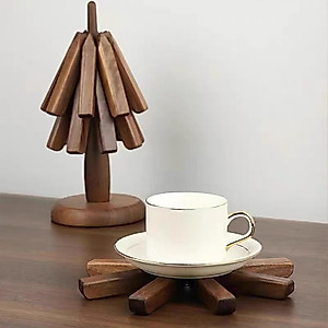 SHEKAKO Wooden Trivet Pads Set, 3 Heat Resistant Pot Holders, Non-Slip Foldable Wood Coaster, Christmas Tree Shaped Trivet Mats, Home Decor for Table Protection for Drinks, Plates, Pots, Pans (A)