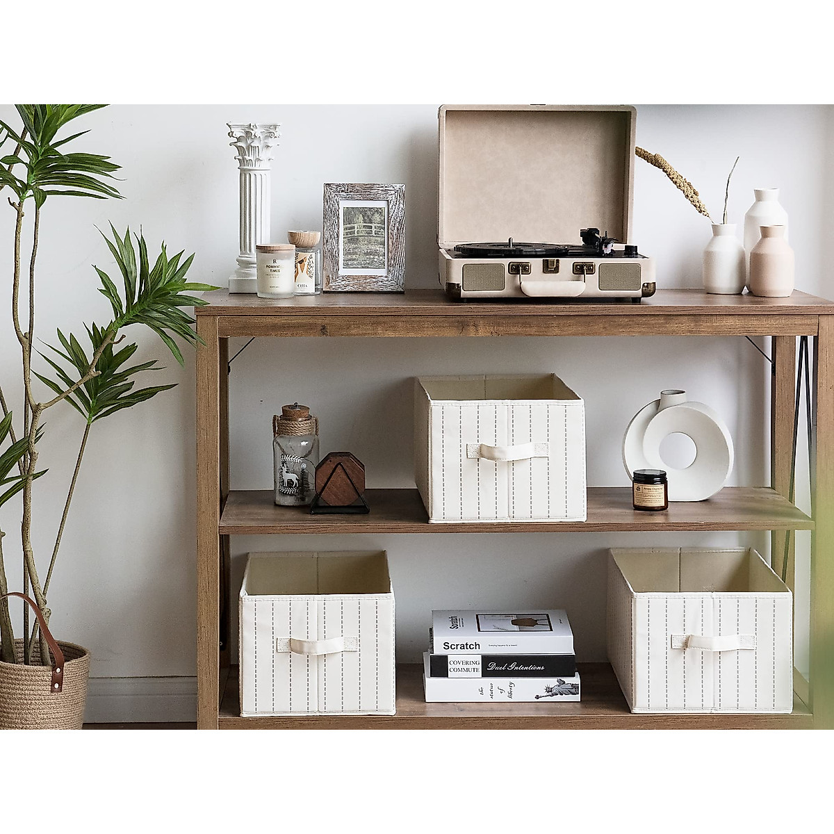 StorageWorks Storage Baskets for Shelves, Foldable Fabric Closet Storage Bins with Handles, Fabric Storage Bins Clothes Organizer, White with Grey, Dotted Line, 3-Pack, Medium